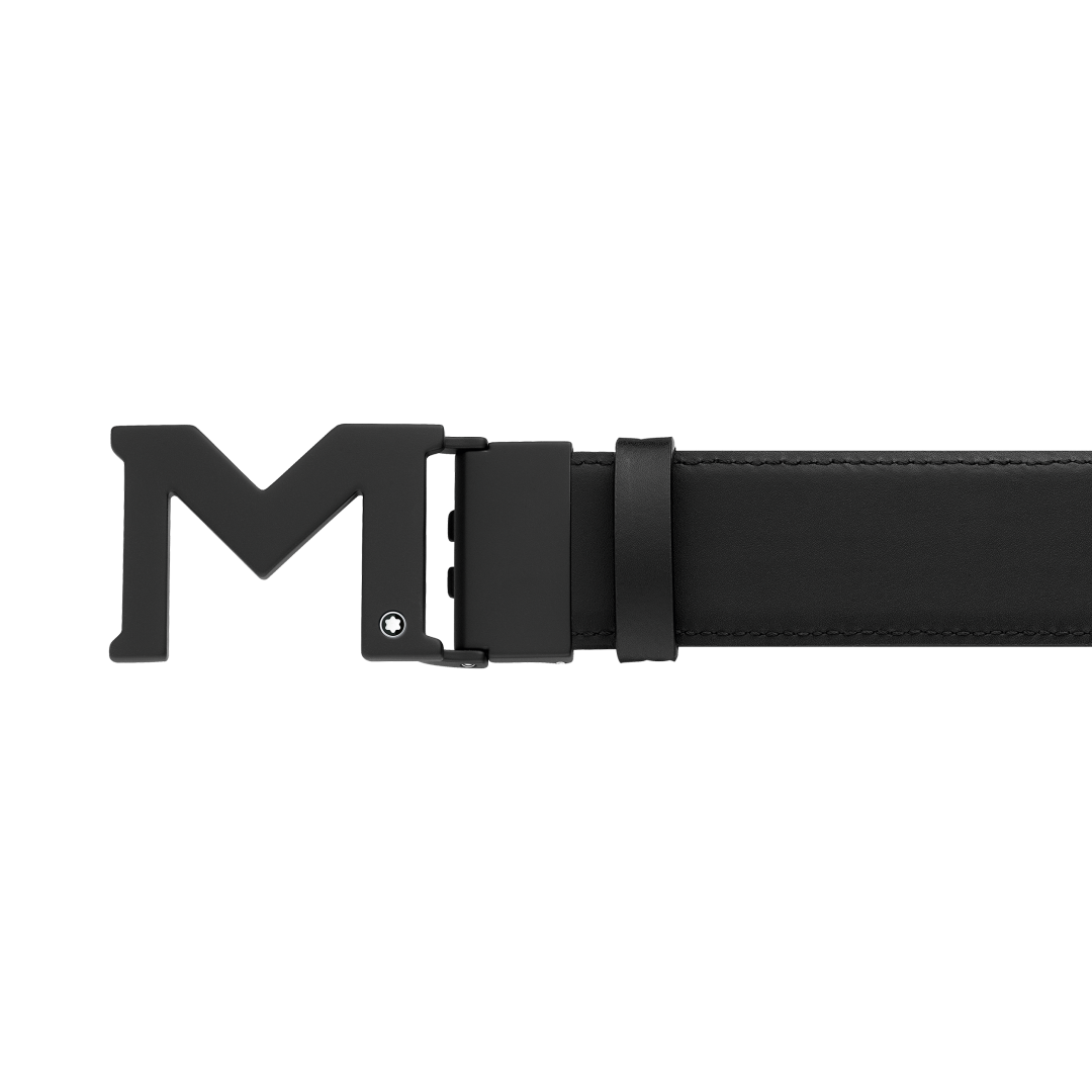 MB129443-엠보싱 처리된 블랙/플레인 블랙 35mm 리버서블 레더 M 버클 벨트