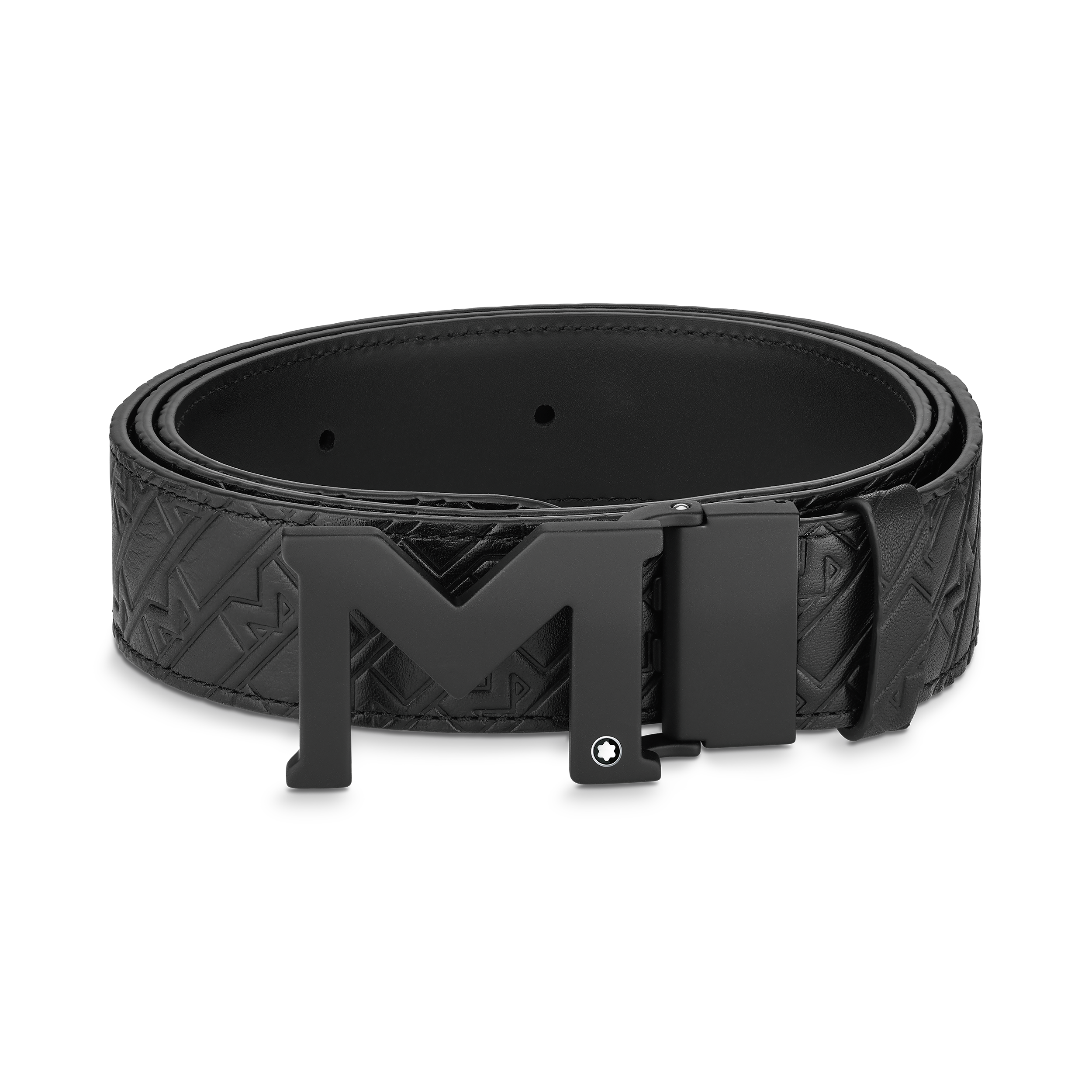 MB129443-엠보싱 처리된 블랙/플레인 블랙 35mm 리버서블 레더 M 버클 벨트